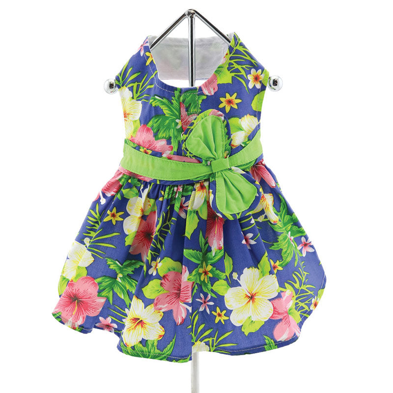 Blue Lagoon Hawaiian Hibiscus Dress with Matching Leash – 3 Red Rovers